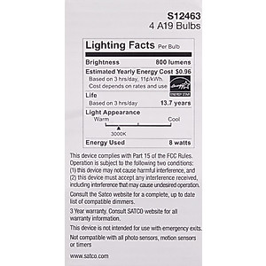 Satco S12463 8 Watt A19 LED Bulb, Clear, 3000K, Medium Base, 120 Volt, 4-Pack
