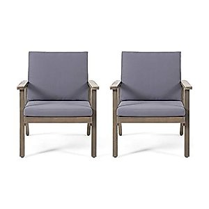 Christopher Knight Home Carlos Outdoor Acacia Wood Club Chairs with Cushions (Set of 2), Gray Finish, Dark Gray