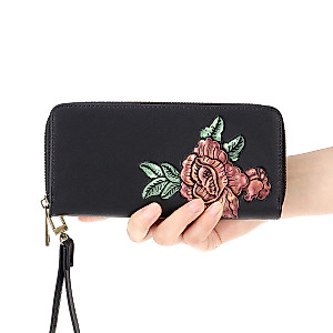 HAWEE Leather Clutch Wallet for Women Zippered Wristlet Bag, Embossing Rose