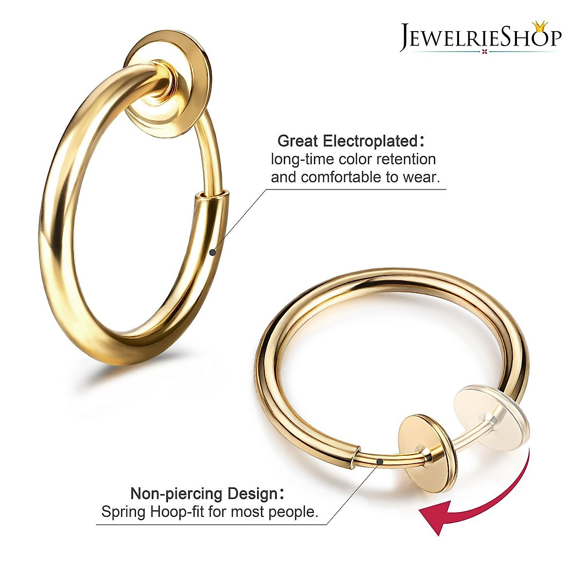 JewelrieShop Retractable Earrings Fake Hoop Fake Nose Ring Non Pierced Earrings Fake Cartilage Piercing Clip on Nose Ring for Women (Gold, 1 Pair)