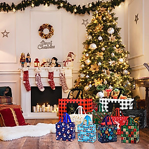 DULEFUN 20pcs Christmas Tote Bags 10 Styles Xmas Treat Non-Woven Bags Reusable Large Medium Small Xmas Shopping Wrapping Bags for Christmas Holiday Party Favors Supplies