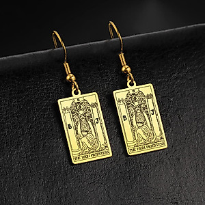 TEAMER Tarot Cards Dangle Earrings Stainless Steel Vintage Amulet Wiccan Jewelry for Women (Gold-THE HIGH PRIESTESS)