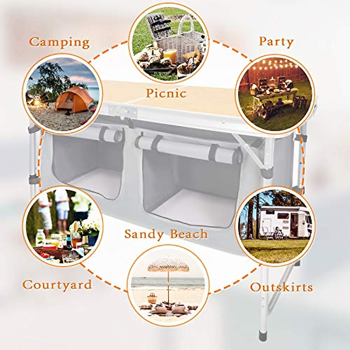 Folding Camping Table with Storage Lightweight Camp Tables Portable Indoor/Outdoor Collapsible Table Height Adjustable Camp Kitchen Perfect for Picnic, Beach, Travel, Tailgating, Backyards, BBQ, Party