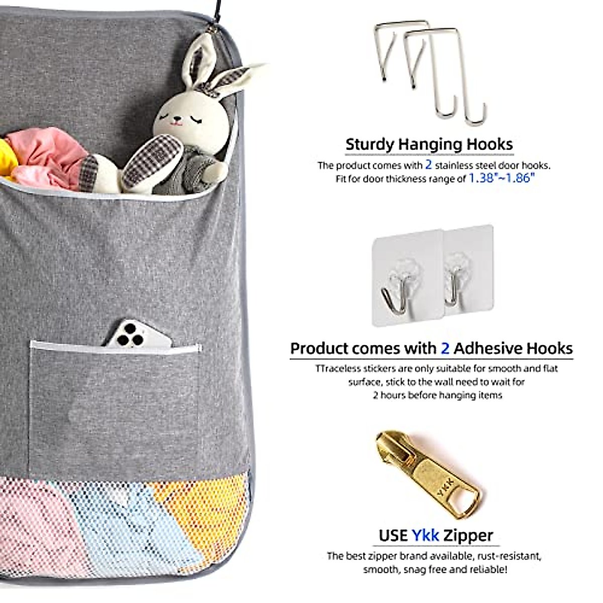 KOOZTI Hanging Laundry Hamper Bag, Over the Door Laundry Bag with U-Shaped Bottom Zipper Opening, Breathable Honeycomb Mesh window, Space Saving Laundry Bag with 2 Types of Hooks