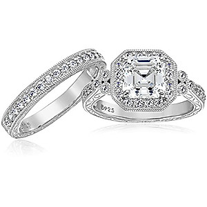 Amazon Essentials Platinum-Plated Sterling Silver Antique Ring set with Asscher-Cut Infinite Elements Cubic Zirconia, Size 7, (previously Amazon Collection)