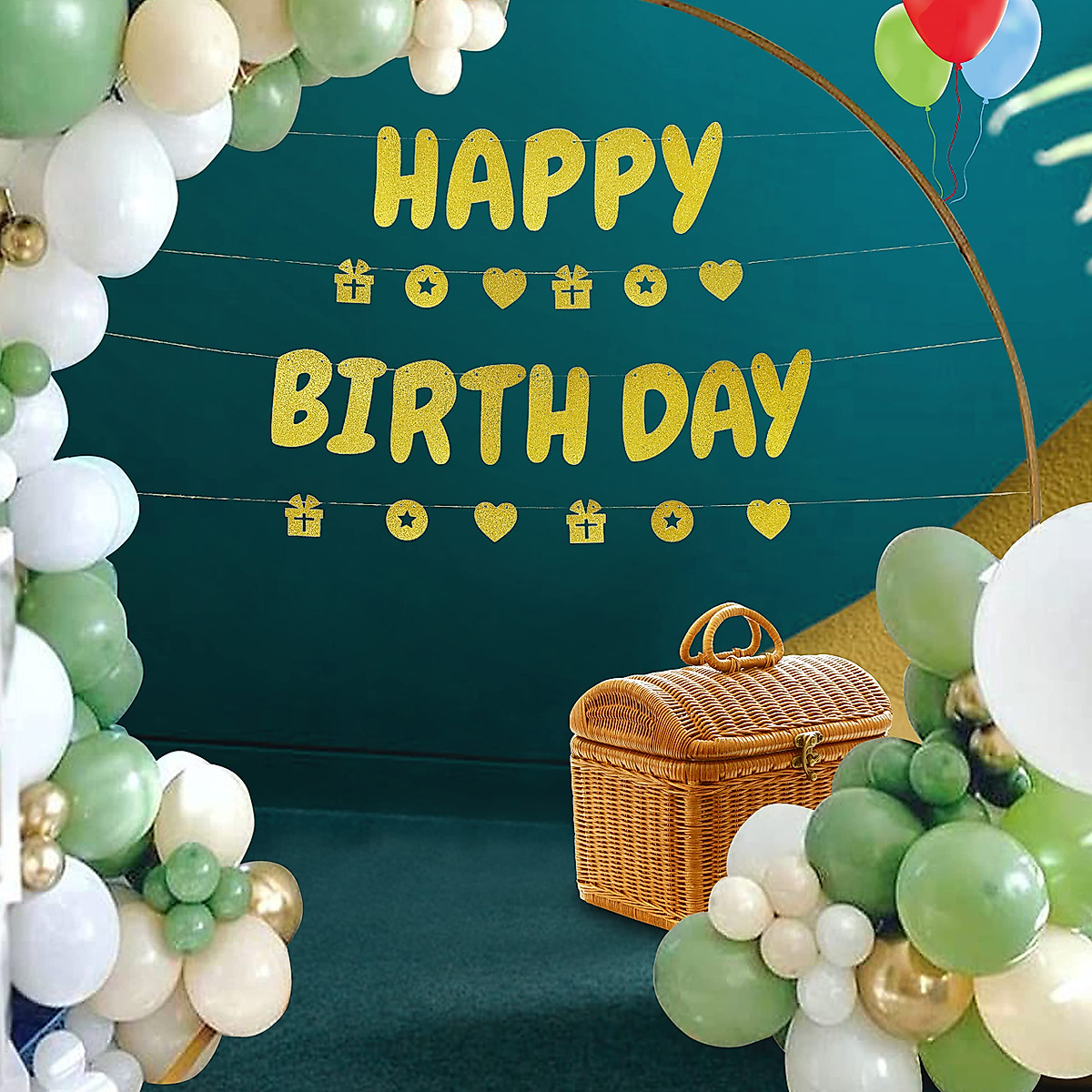 CUTPOPUP Gold Glitter Happy Birthday Banner - Pre-Strung - and Gold Glitter Circle, Star, Heart, Gift Dots Garland for Men Women Birthday Party Decorations, Happy Birthday Door Banner