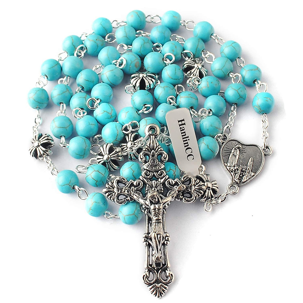HanlinCC Turquoise Beads Catholic Rosary Necklace with Anti-Silver Plated Fatima Center Piece and Crucifix with Blue Color Leather Gift Box