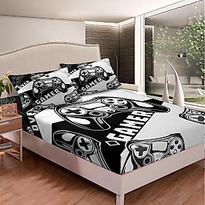 Erosebridal Gamer Fitted Sheet for Boys Girls Kids Teens,Video Game Bedding Set Twin Size,Gaming Bed Sheets Gamer Room Decor,White Black Gamepad Controller Bed Set with 1 Pillowcase