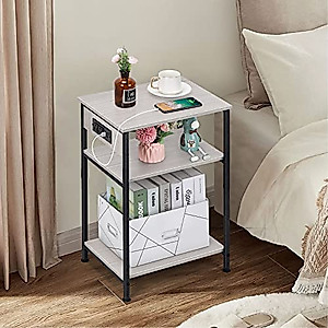 MOOACE Nightstand with Charging Station, Side End Table with USB Ports and Outlets, 3 Tier Side Table with Storage Shelf Modern Bedside Table for Bedroom Living Room, Grey