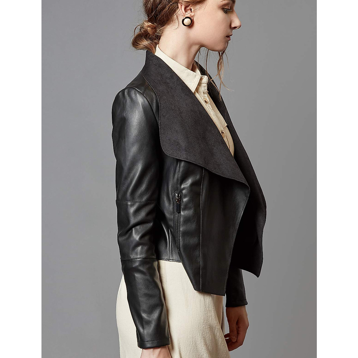 Escalier Women's Faux Leather Jackets Slim Open Front Lapel Blazer Jackets Black Medium