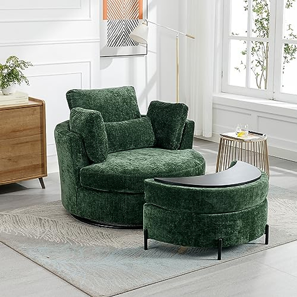 Oversized Swivel Accent Barrel Chair with Storage Bench Large Ottoman+4 Pillows,Comfy Upholstered 360 Recliner Sofa Club Chaise Leisure Round Loveseat Lounge Armchair for Living Room/Hotel/Nursery