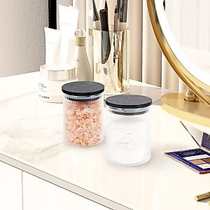 Ribbed Glass Qtip Holder Dispenser Bathroom Jars with Bamboo Lids, Cotton Ball Pad Round Swab Holder for Bathroom Accessories Storage Organizer,Farmhouse Bathroom Decor, Home Decor. (2pcs)