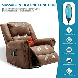 OUINCH Manual 360 Degree Swivel Glider Rocker Recliner Chair with Massage and Heat, USB Ports and 2 Side Pockets, Bronze Suede Like Fabric, Brown