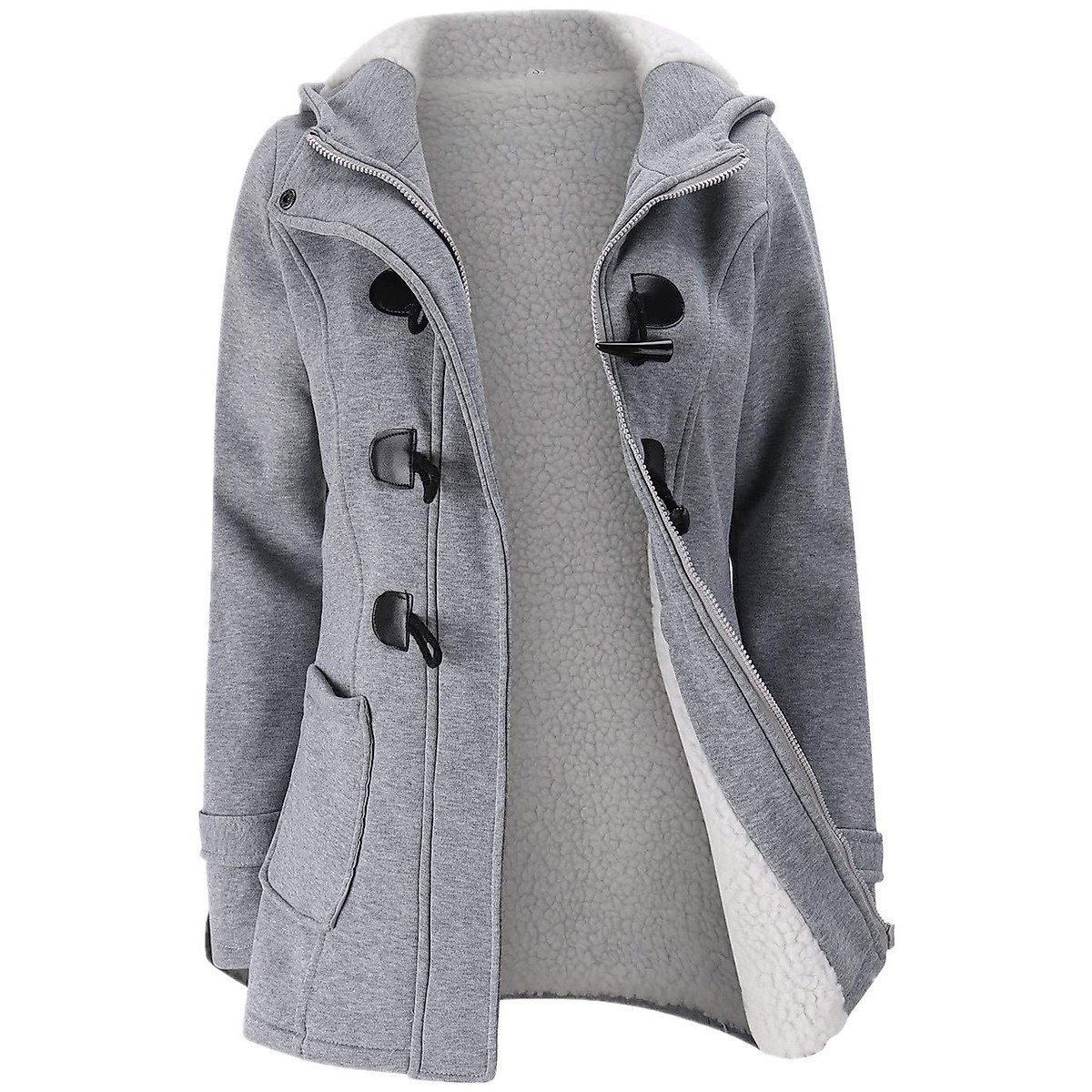 JiangWu Womens Fashion Horn Button Fleece Thicken Coat with Hood Winter Warm Jacket (XX-Large, Light-gray)