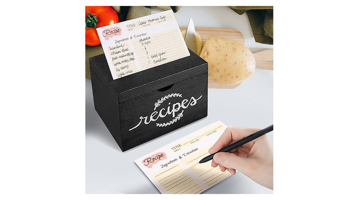 Wooden Recipe Card Box Set - Rustic Kitchen Organizer with Cards