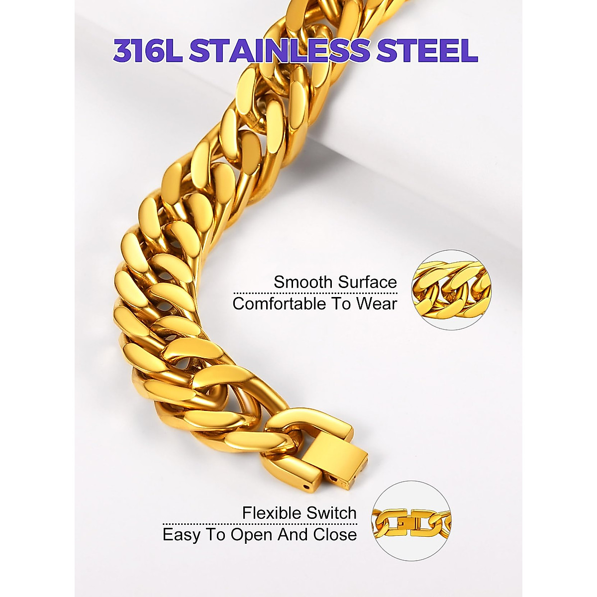 Richsteel Men and Women Sturdy Curb Cuban Link Chain Bracelet Gold Plated 316L Stainless Steel Jewelry