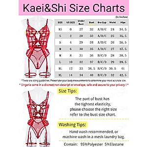 Kaei&Shi Bodysuit Lingerie for Women,Plunge Underwire Floral Lace Teddy Lingerie,Sexy Cutout Thong One Piece Body Suit with Garter Boudoir Red Medium