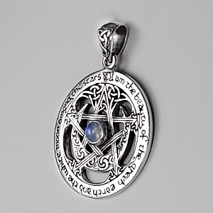 Dryad Design Sterling Silver Large Moon Goddess Wiccan Pentacle Pendant Natural Rainbow Moonstone; 1.25 Inch Diameter