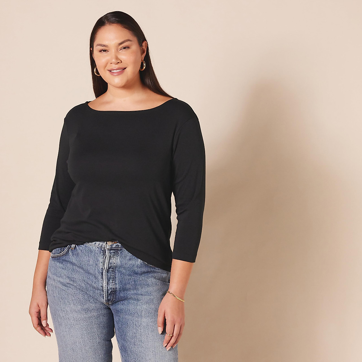 Amazon Essentials Women's Slim-Fit 3/4 Sleeve Boat Neck T-Shirt, Black, X-Large