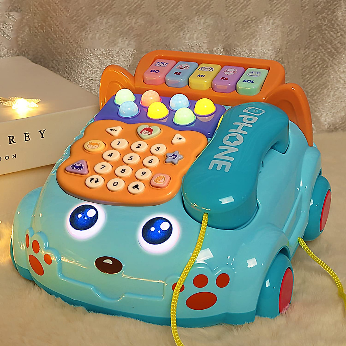 Chirldren Telephone Toy Cartoon Simulated Landline Smartphone Drag Function Call Play Piano Early Education Music Learn Hit Hamster Children Enlightenment Brain Toys Creative Gift for Kids Blue