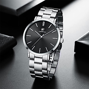 GOLDEN HOUR Men's Watches Slim Minimalist Runway Silver Stainless Steel Quartz Analog Watch with Black Face
