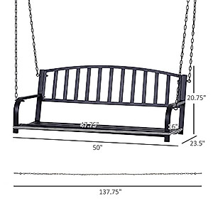 Outsunny 2 Person Front Porch Swing Patio Swing Bench, Outdoor Steel Swing Chair with Sturdy Chains, for Backyard, Deck, 528 lb Weight Capacity, Black