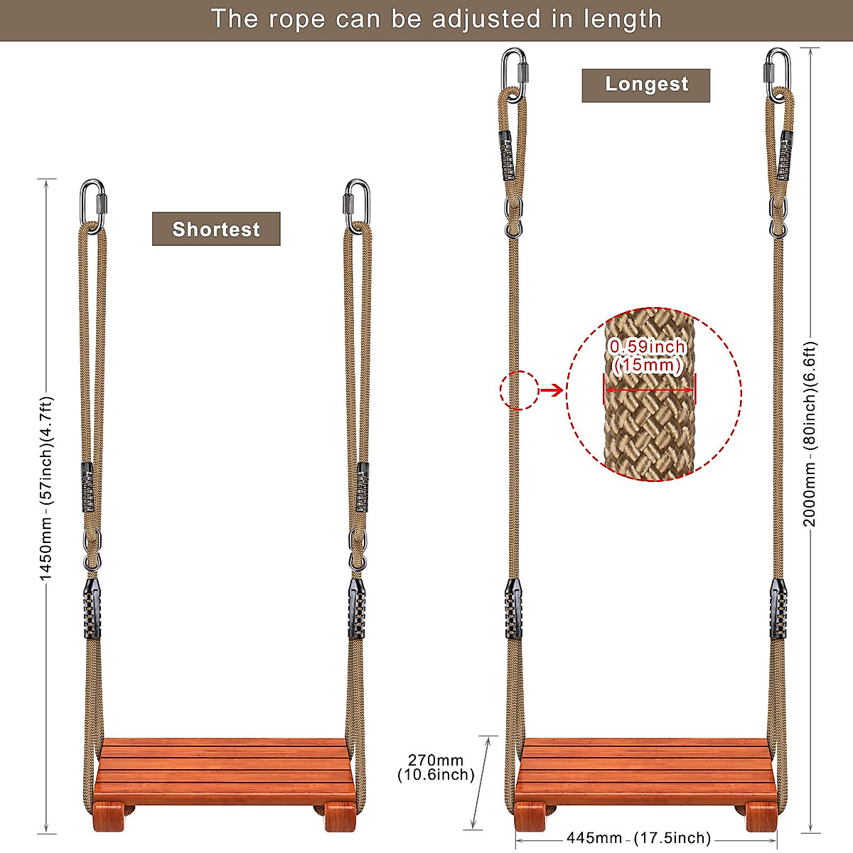 SELEWARE Wooden Swing Seat, Heavy Duty Wood Tree Swing for Adult Kids Playground Swing Sets for Backyard, Indoor Outdoor Flat Swing Seat (17.5 x 8.5 Inch) with Adjustable Rope