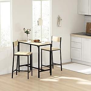 HOMCOM 3 Piece Bar Table and Chairs, Industrial Dining Table Set for 2, Counter Height Kitchen Table with Bar Stools, Breakfast Table Set for 2 for Small Space, Oak
