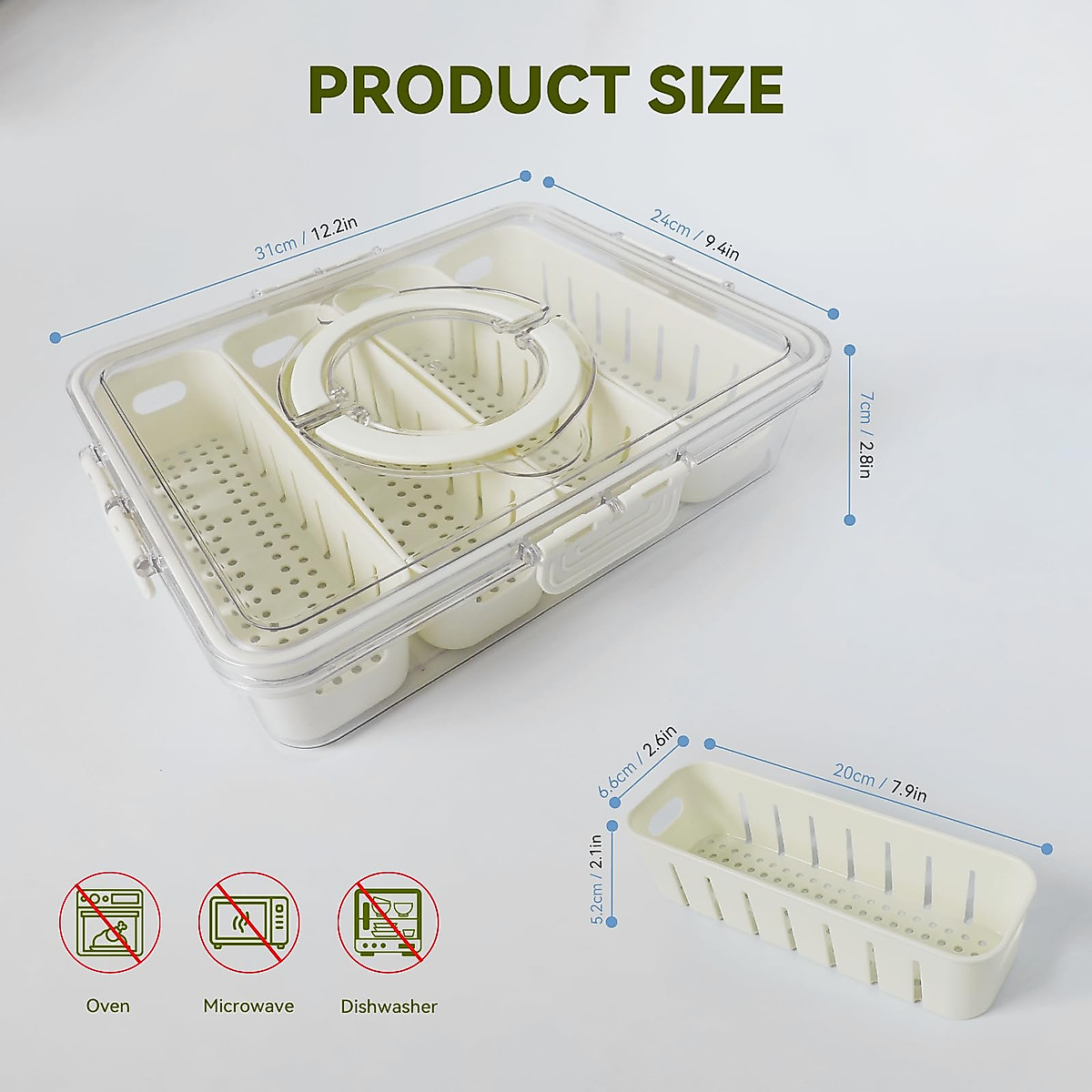 LEEHEZLY Food Storage Container for Fridge, Portable White Plastic BPA-free Box, Divided Serving Tray with Lids and Handle, Keep Fruits and Vegetables Fresh with 4 Removable Colanders (Short)