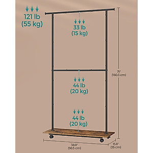SONGMICS Clothes Rack with Wheels, Middle Rod Clothing Rack for Hanging Clothes, 38.8 Inches Garment Rack with Shelf, Height Adjustable, Loads up to 121 lb, Rustic Brown and Ink Black UHSR153B01