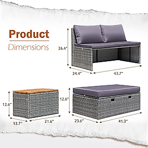 Greesum Patio Furniture Set Multifunctional Outdoor Sectional Sofa Rattan Chaise Lounge Wicker Daybed with Couch, Cushions, Storage Ottoman and 2 Side Tables for Backyard Porch Poolside Lawn, Gray