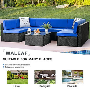 Waleaf 7 Pieces Outdoor Furniture Rattan Sectional Patio Sofa, Outdoor Indoor Backyard Porch Garden Poolside Balcony Wicker Conversation Set with Table (Dark Blue)