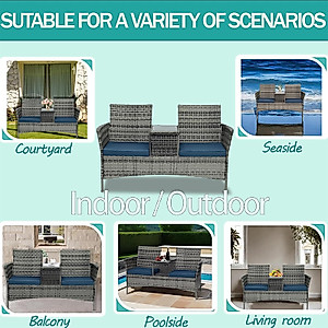Pieryakers Outdoor Loveseat Rattan Wicker Two Seater,Patio Conversation Sets Built-in Coffee Table and Cushion for Balconies, Lawns, Backyard Outside Sofa Benches (Grey-Blue)