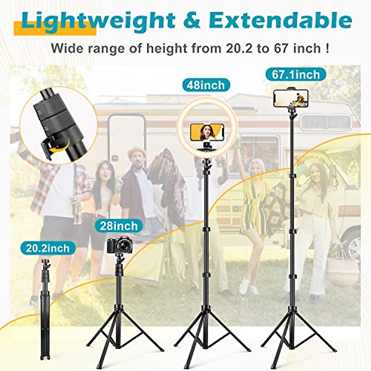 Torjim 67" Phone Tripod, Extendable iPhone Tripod Stand with Wireless Remote & Phone Holder, Aluminum Selfie Stick Tripod for iPhone/Camera/GoPro