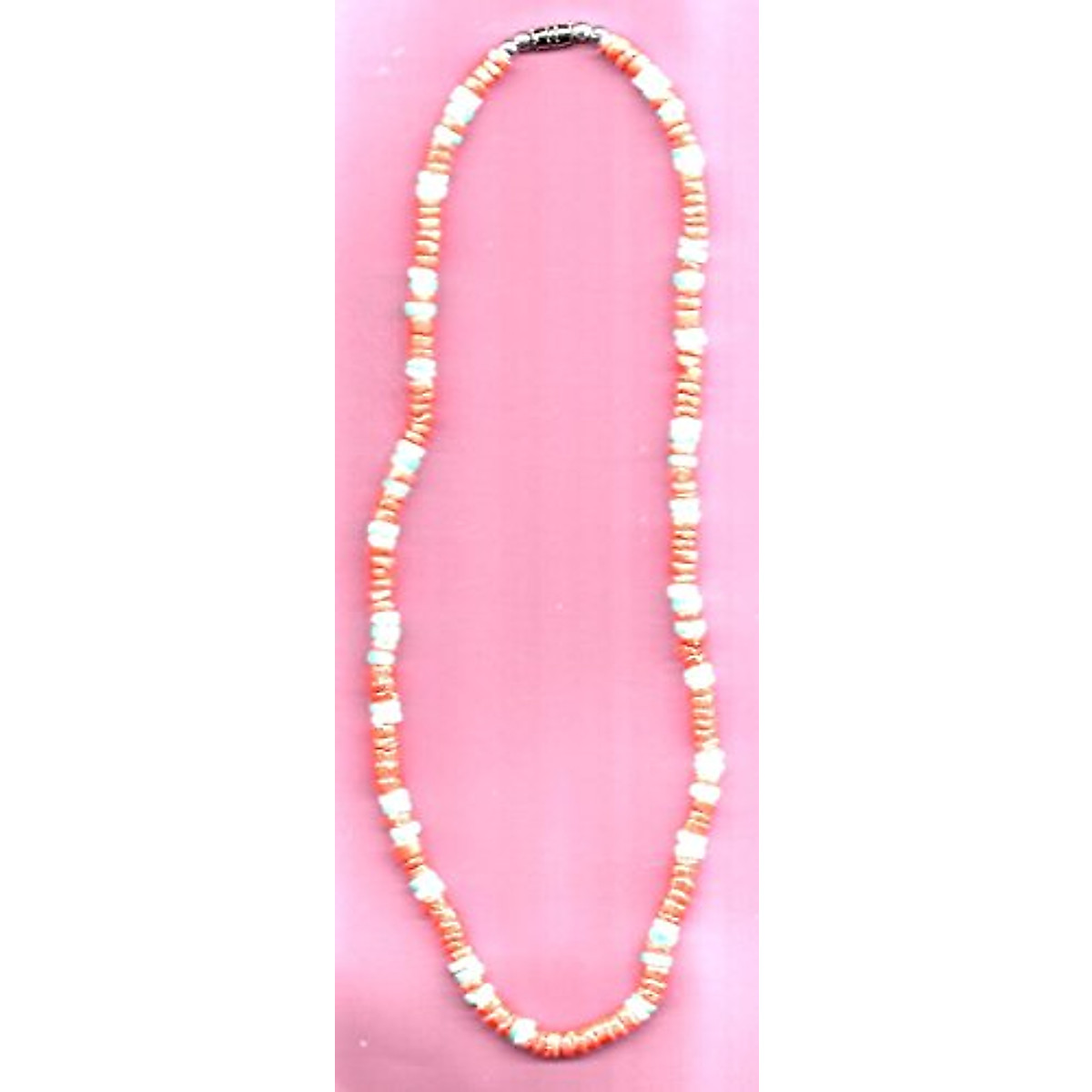 18" NEON CLAM SHELL NECKLACE. PINK WITH GREEN COLOR CLAM SHELL