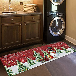 Libaoge Kitchen Mat Rug 1 PCS Christmas Snowman Xmas Tree Gift Winter Snow Red Runner Rug Anti-Fatigue Comfort Memory Foam Standing Mat Non-Slip Floor Door Mat for Bathroom Bedroom 20x63in