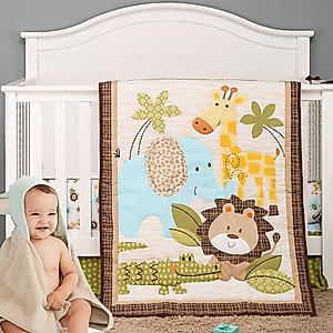 Brandream Jungle Crib Bedding Set for Boys Girls Safari Nursery Set - Elephant Lion Giraffe Animal Baby Comforter/Quilt, Fitted Crib Sheet, Crib Bed Skirt, 3 Pieces Green/Yellow/Mint/Taupe