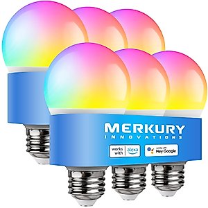 Merkury Smart Light Bulbs, 800 Lumen, WiFi RGBWW Color Changing LED Bulbs, Compatible with Alexa & Google Home, Dimmable Multicolor A19 Bulbs, No Hub Required, 6-Pack