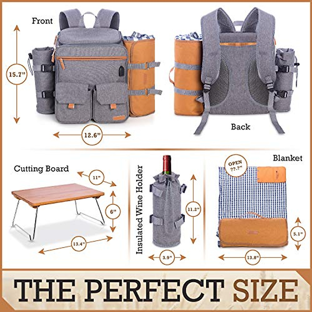 Family Picnic Backpack for 4 - Picnic Backpack for 4 with Folding Table, Insulated Cooler Compartment, Wine Holder, Waterproof Picnic Bag with Blanket and Complete Cutlery Picnic Set - Gray