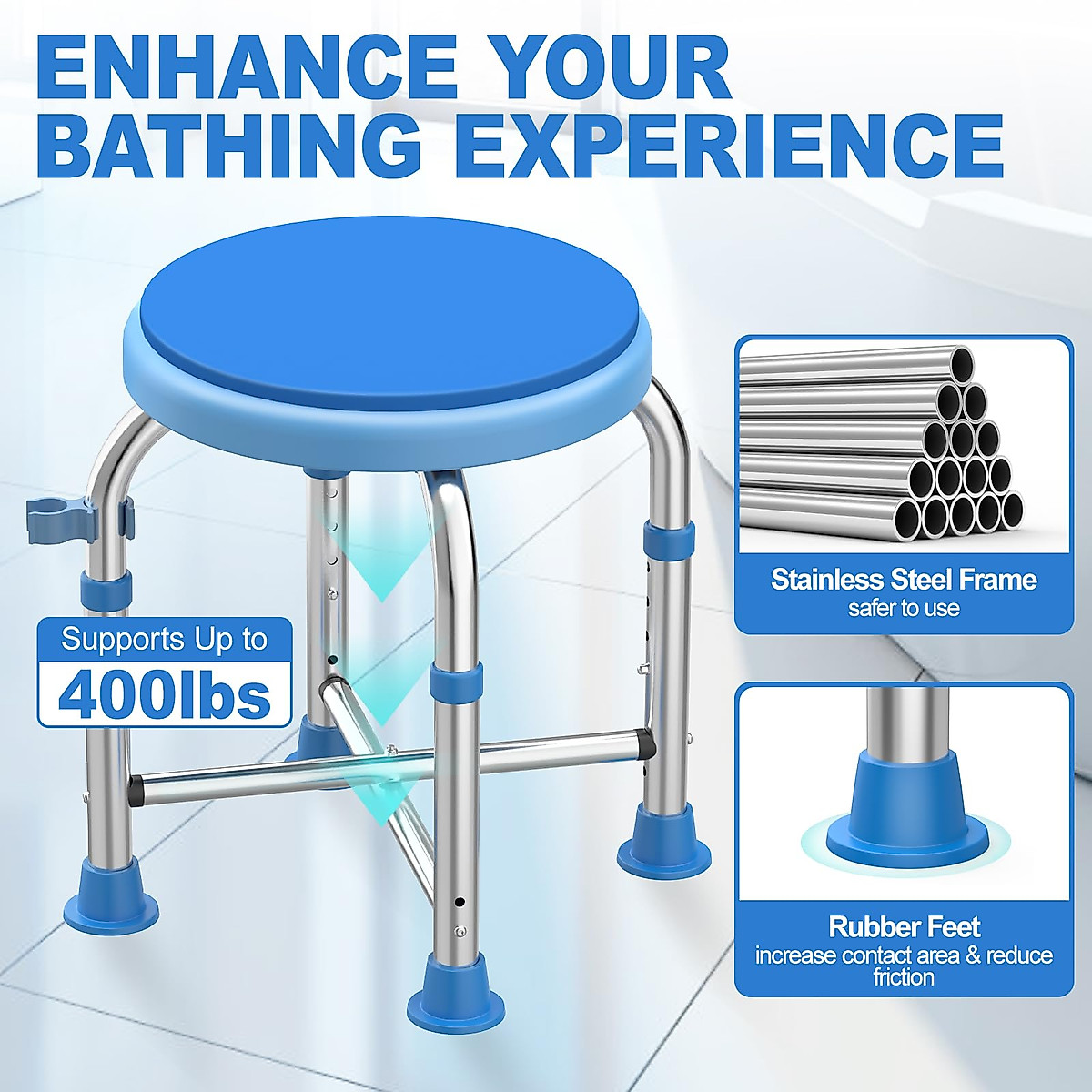 UGarden Upgraded Shower Chair with Reinforced Crossbar Supports, 400LB Stainless Steel Round Shower Seat for Inside Shower, Adjustable Small Shower Stool w/Padded, Non-Slip Bathroom Chair for Elderly