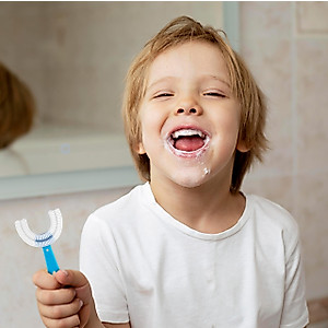 PUREVACY Kids U Shaped Toothbrush for 2-8 Years Old, 4 Pack Blue Food-Grade Silicon All Around U Shape Toothbrush, Funny Full Mouth Toothbrush for Kids with Soft Bristles and Ergonomic Handle