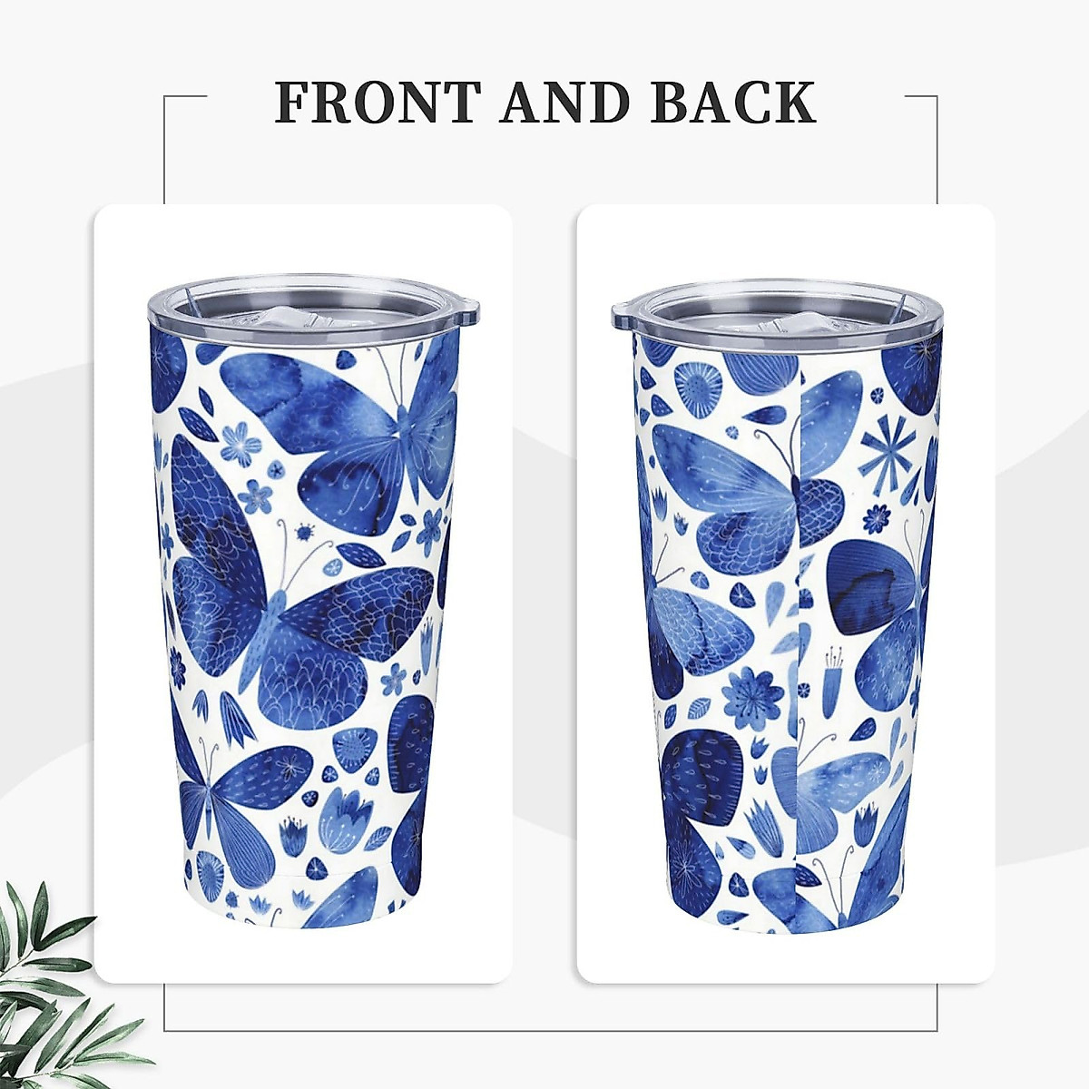 EVANEM 20 Oz Stainless Steel Tumbler With Straw Cleaner Blue Butterflies Printed Insulated Cup Travel Coffee Mug Vacuum Insulated Tumblers For Home Office