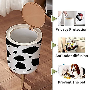 IBPNKFAZ89 Small Trash Can with Lid Black and White Cow Print Seamless from The Country Sunflower Garbage Bin Wood Waste Bin Press Cover Round Wastebasket for Bathroom Bedroom Kitchen 7L/1.8 Gallon