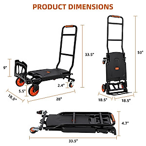 Folding Hand Truck, 330 Lbs Capacity Heavy Duty Dolly Cart, 2 in 1 Convertible Hand Cart with 4 Wheels and 2 Elastic Ropes, Collapsible Platform Cart for Moving, Luggage, Travel, Shopping, Warehouse