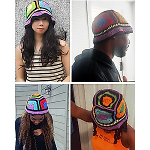 Women-Crochet-Hat-Knitted Floral Bucket-Hat-Handmade Plaid Fisherman-Hat-for-Women Fall-Spring-Winter-Summer Blue