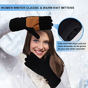 Gloves for Women, Winter Gloves Women Warm Merino Wool Cable Knit with Thick Thermal Thinsulate Lined, Gloves for Cold Weather with Touchscreen Fingers Anti-Slip (Black)