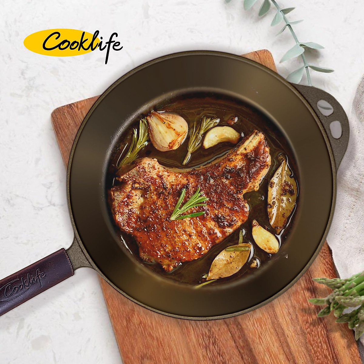 COOKLIFE 10.25 Inch Smooth Pre-Seasoned Round Cast Iron Skillet with Handle Cover, Frying Pan with Long Handle - Use in th Oven, Over a Campfire Fire or on the Stovetop, Induction, Grill, Bronze