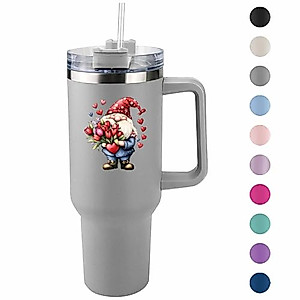 LB LEOBON 40 ounce insulated cup with handle, double-layer vacuum stainless steel material, equipped with straw, can keep warm or maintain cold drinks Gnome Love Bouquet J grey