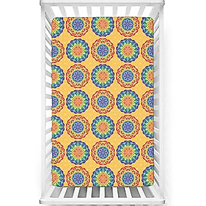 Rainbow Mandala Themed Fitted Mini Crib Sheets,Portable Mini Crib Sheets Ultra Soft Material-Baby Crib Sheets for Girl or Boy,24“ x38“,Multicolor