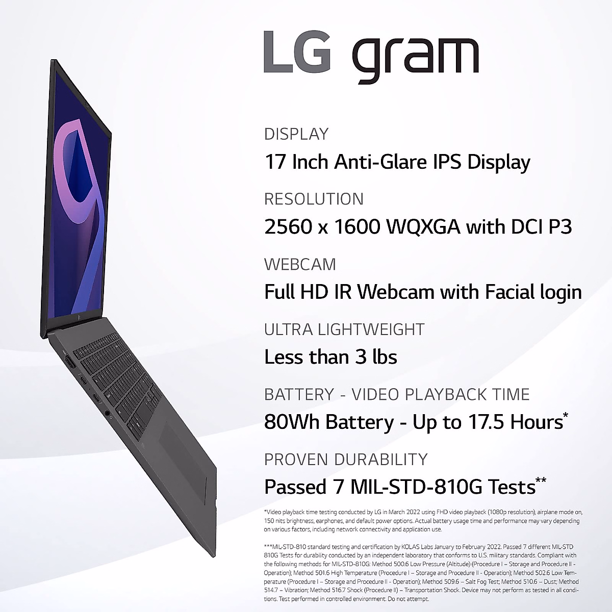 LG Gram (2022) 17Z90Q Ultra Lightweight Laptop, 17" (2560 x 1600) IPS Display, Intel Evo 12th Gen i5 1240P Processor, 16GB LPDDR5, 512GB NVMe SSD, WiFi 6E, Thunderbolt 4, Windows 11, Gray (Renewed)